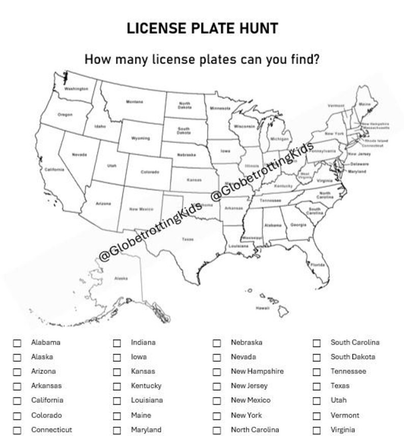 Downloadable Roadtrip Worksheet for Kids to Search US License Plates on ...