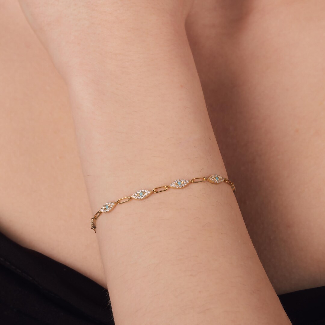 Multi Stone Evil Eye Bracelet: Paperclip Chain, Protection Jewelry - Etsy