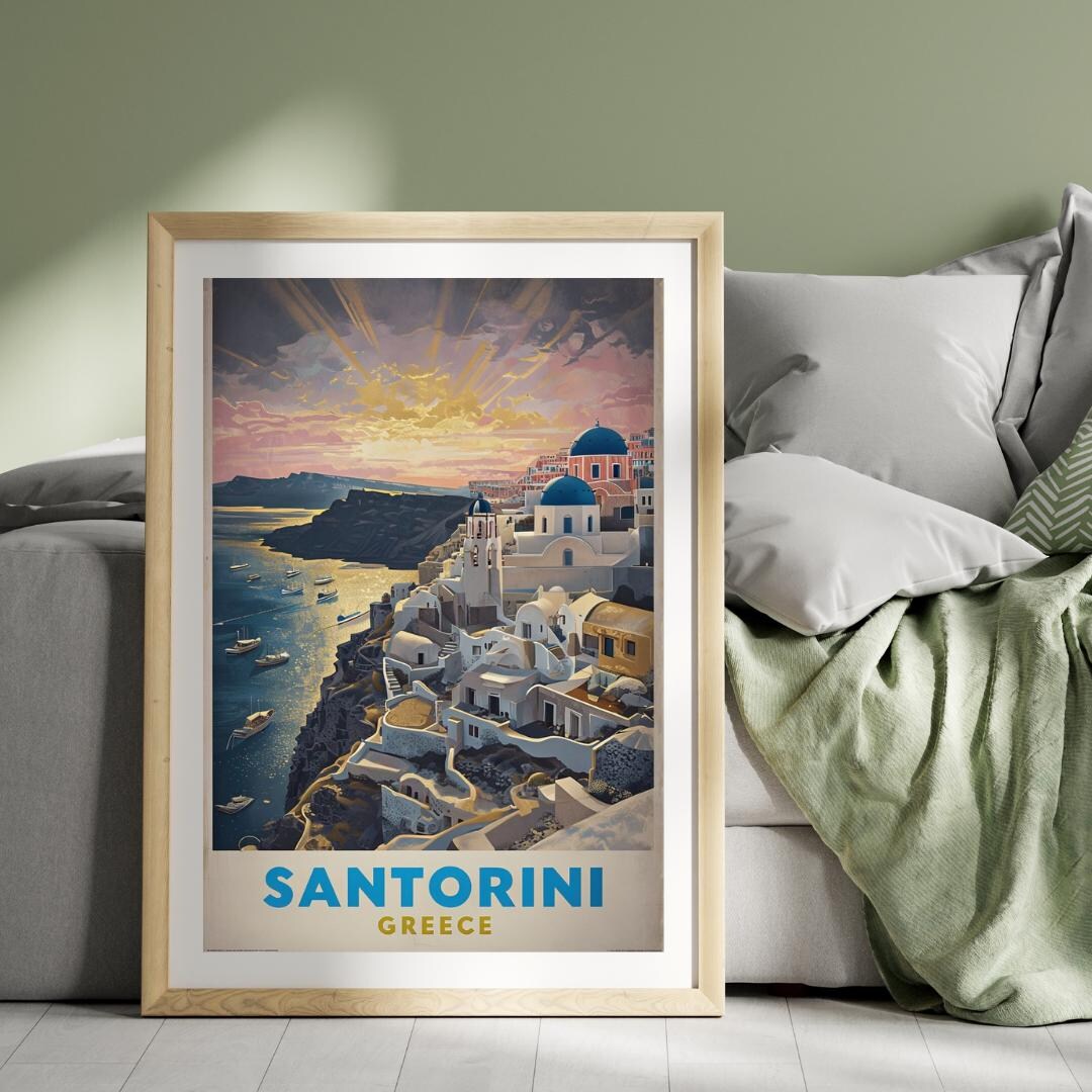 Vintage Santorini Greece Poster – Blue Dome Art Print – Greek Island ...