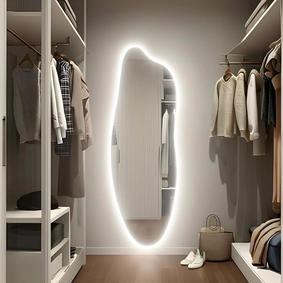 Wavy Asymmetrical LED Floor Mirror - Irregular Full Length Lighted ...