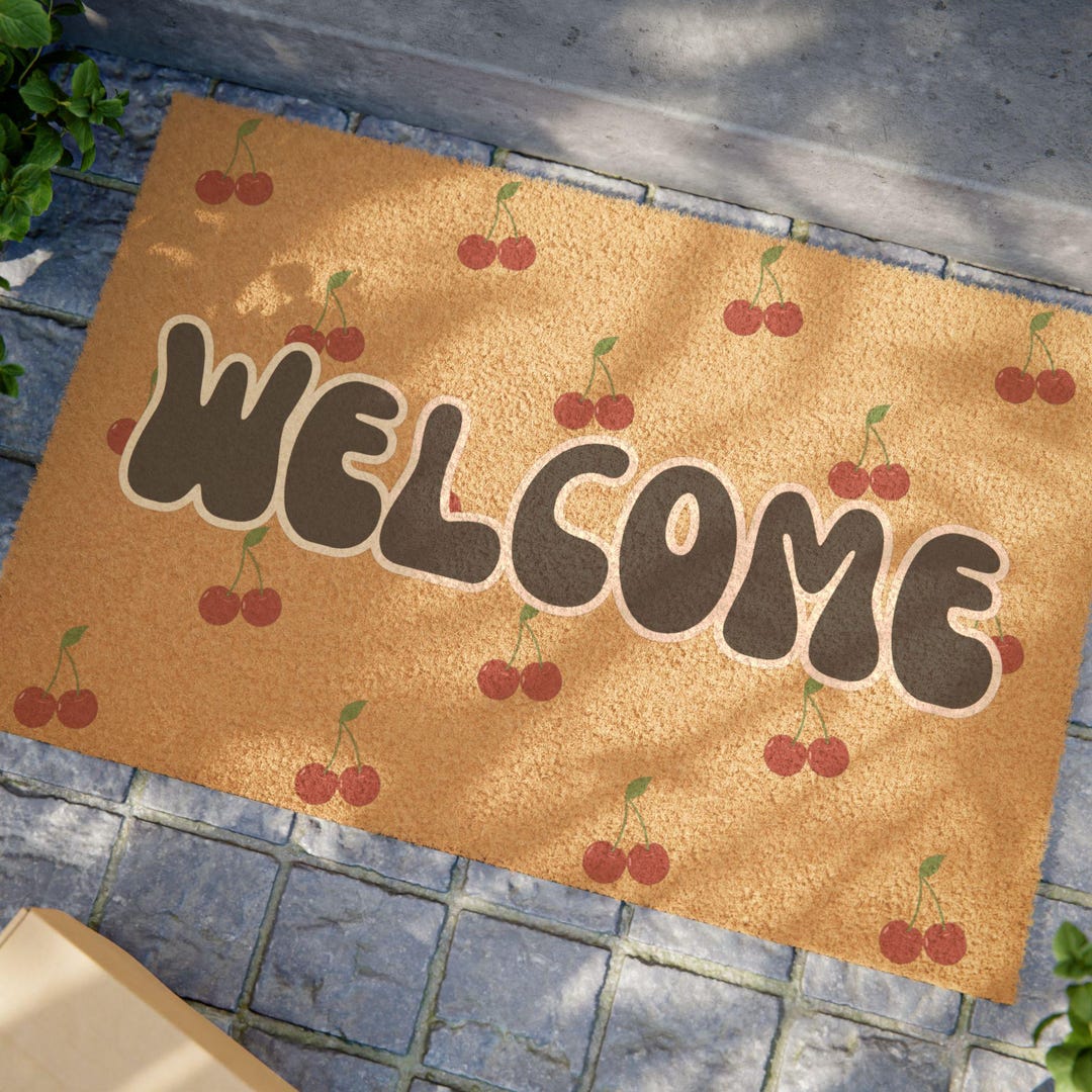 Cherry Pattern Welcome Doormat | Retro Bubble Letters - Etsy