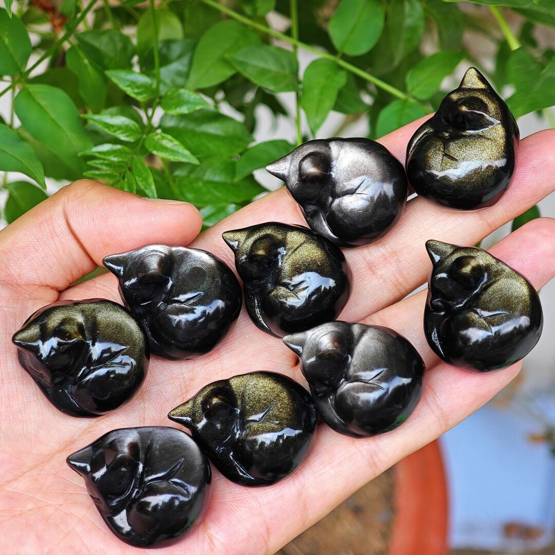 Obsidian Sleeping Cat: Natural Silver/golden Crystal Animal (1.2 Inch ...