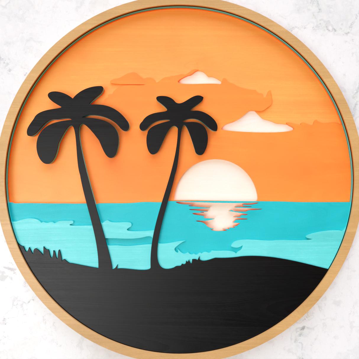 Tropical Sunset Palm Tree Layered SVG: Beach Scene Laser Cut File ...