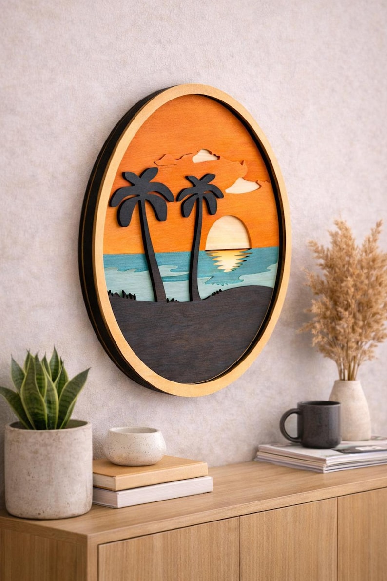 Tropical Sunset Palm Tree Layered SVG: Beach Scene Laser Cut File ...