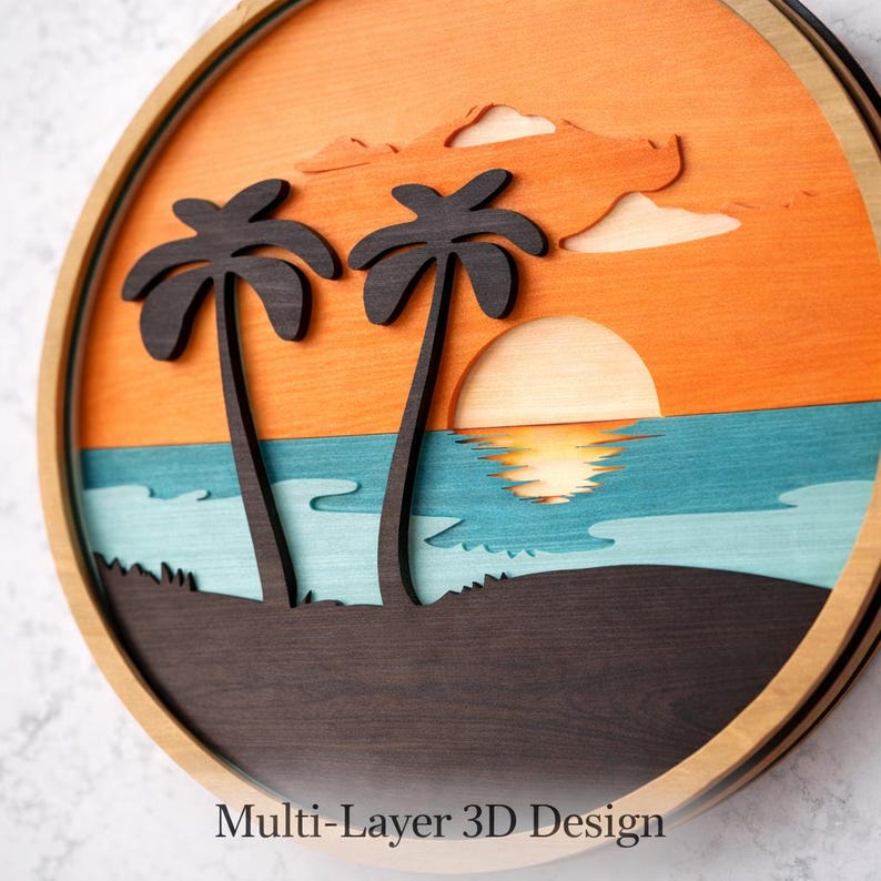 Tropical Sunset Palm Tree Layered SVG: Beach Scene Laser Cut File ...