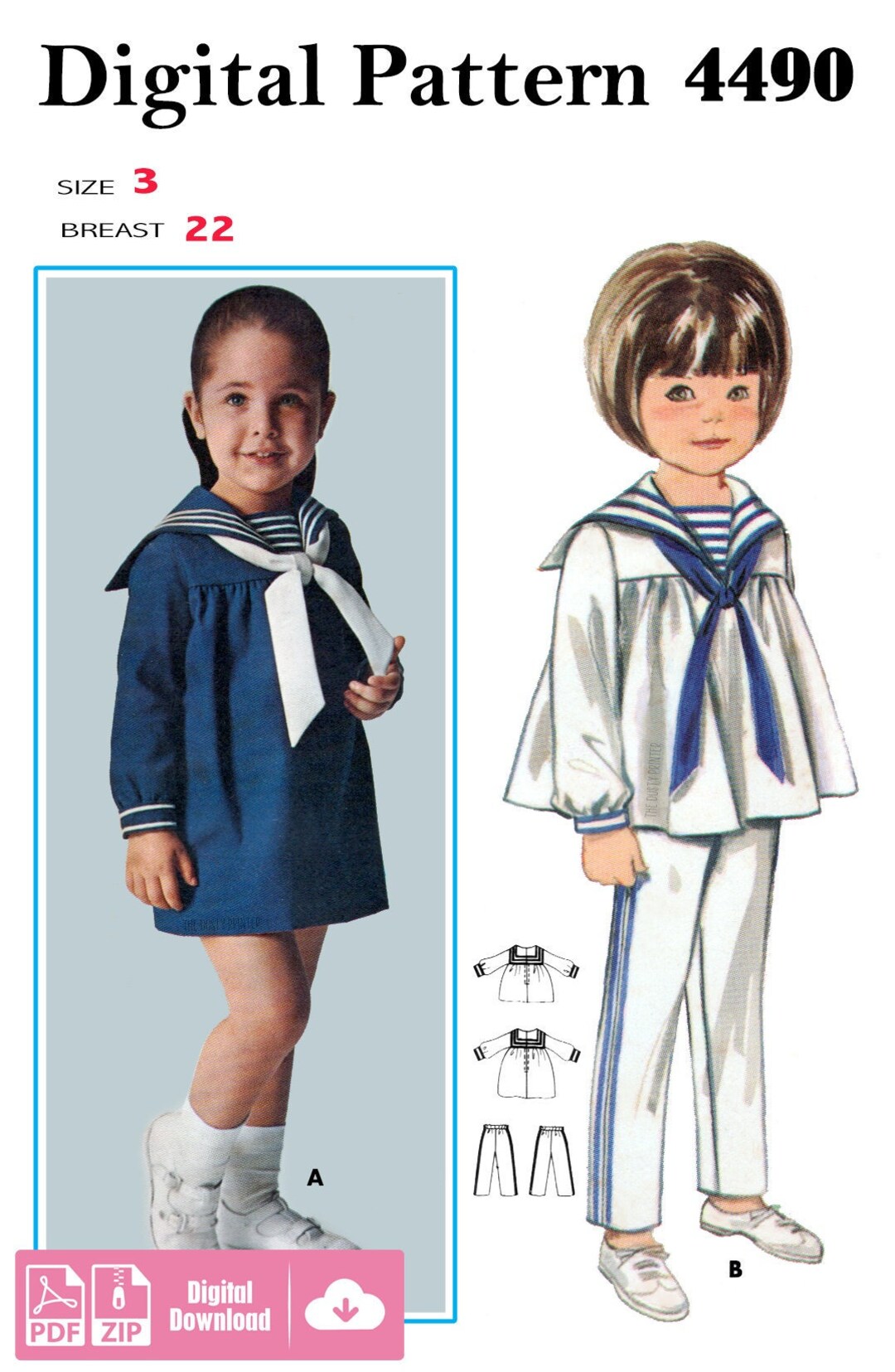 Size 3 - Vintage Sewing Pattern: Sailor Dress, Top, and Pants - PDF ...