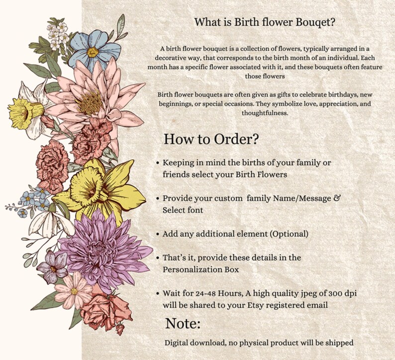 Birth Month Flower Bouquet Print: Custom Family Gift (digital Download ...