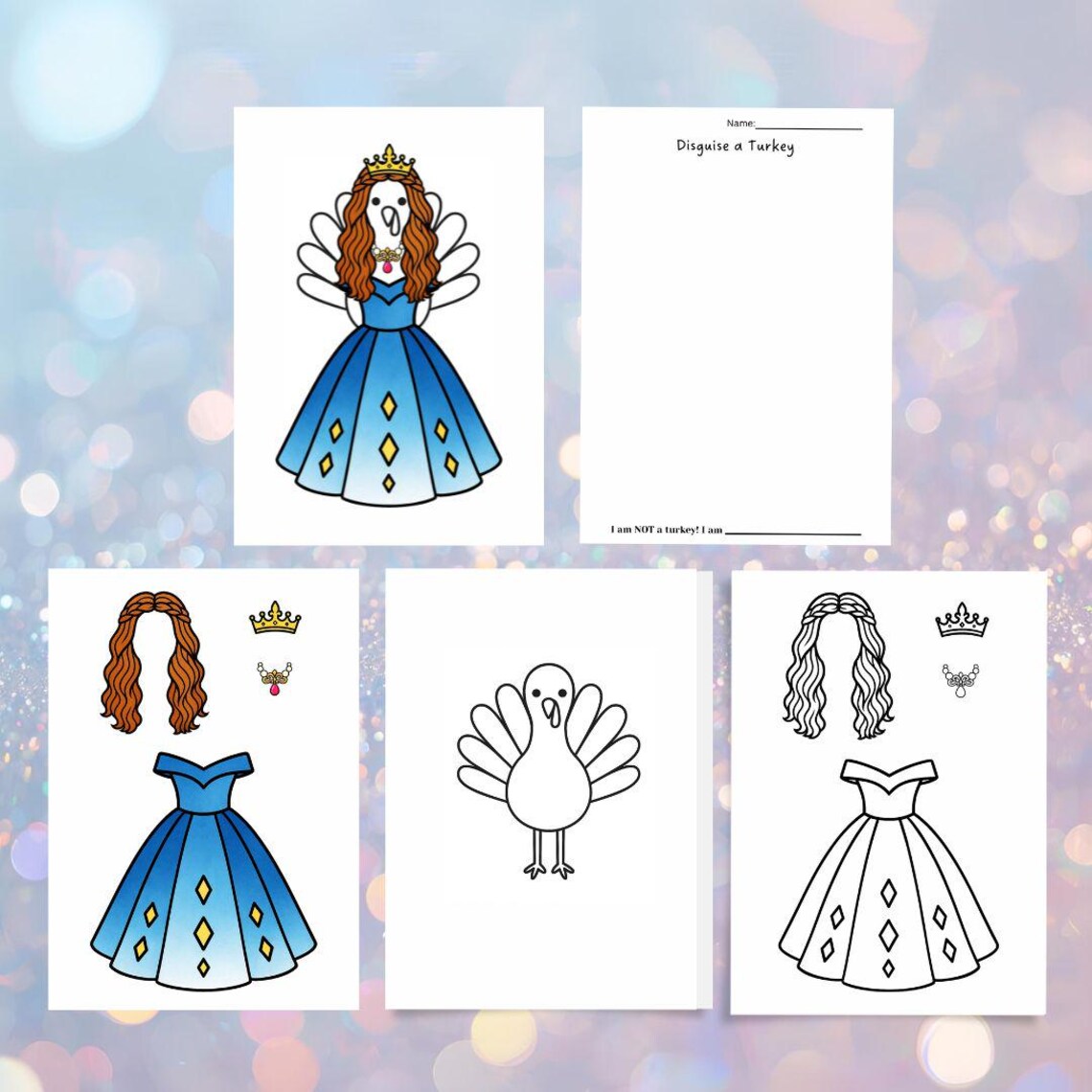 Disguise the Turkey Princess, Printable Craft Kit, Coloring Turkey in ...