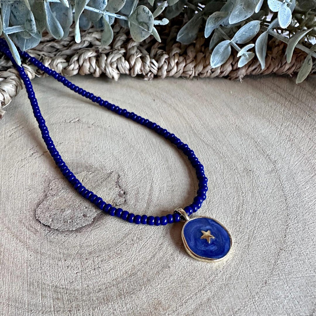 Handmade Cobalt Blue Star Charm Beaded Necklace - Etsy