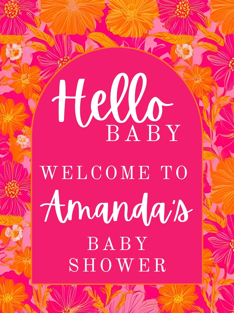 Hello Baby Pink and Orange Daisy Floral Baby Shower Welcome Sign ...
