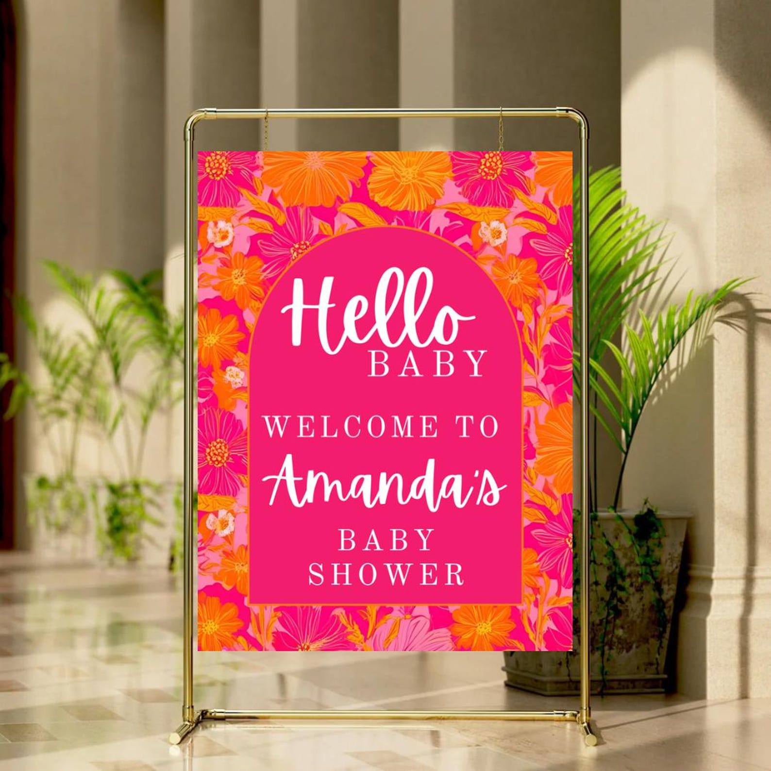 Hello Baby Pink and Orange Daisy Floral Baby Shower Welcome Sign ...