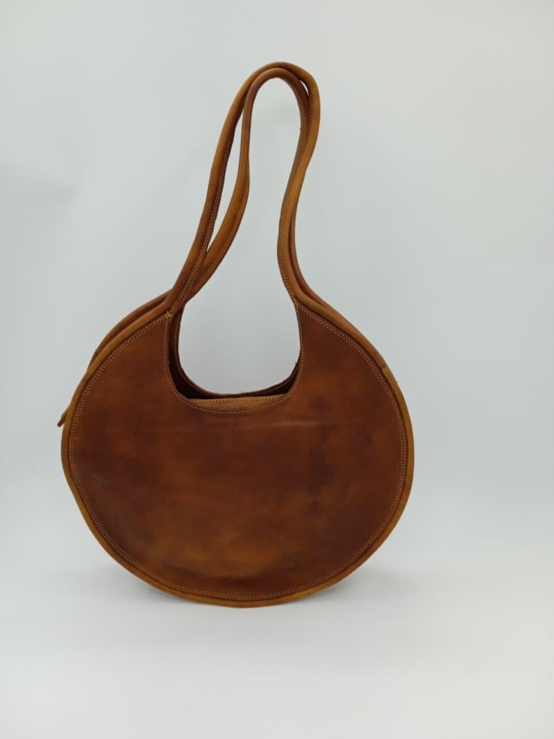 Personalized Soft Large Round Leather Shoulder Bag, Circle Handbag for ...