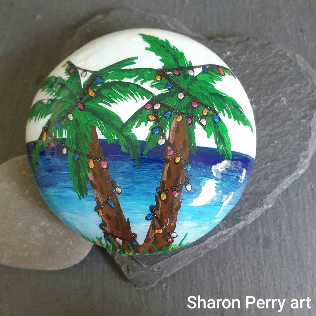 Christmas Palm Trees With Fairy Lights Rock Art, Alternative Tropical ...