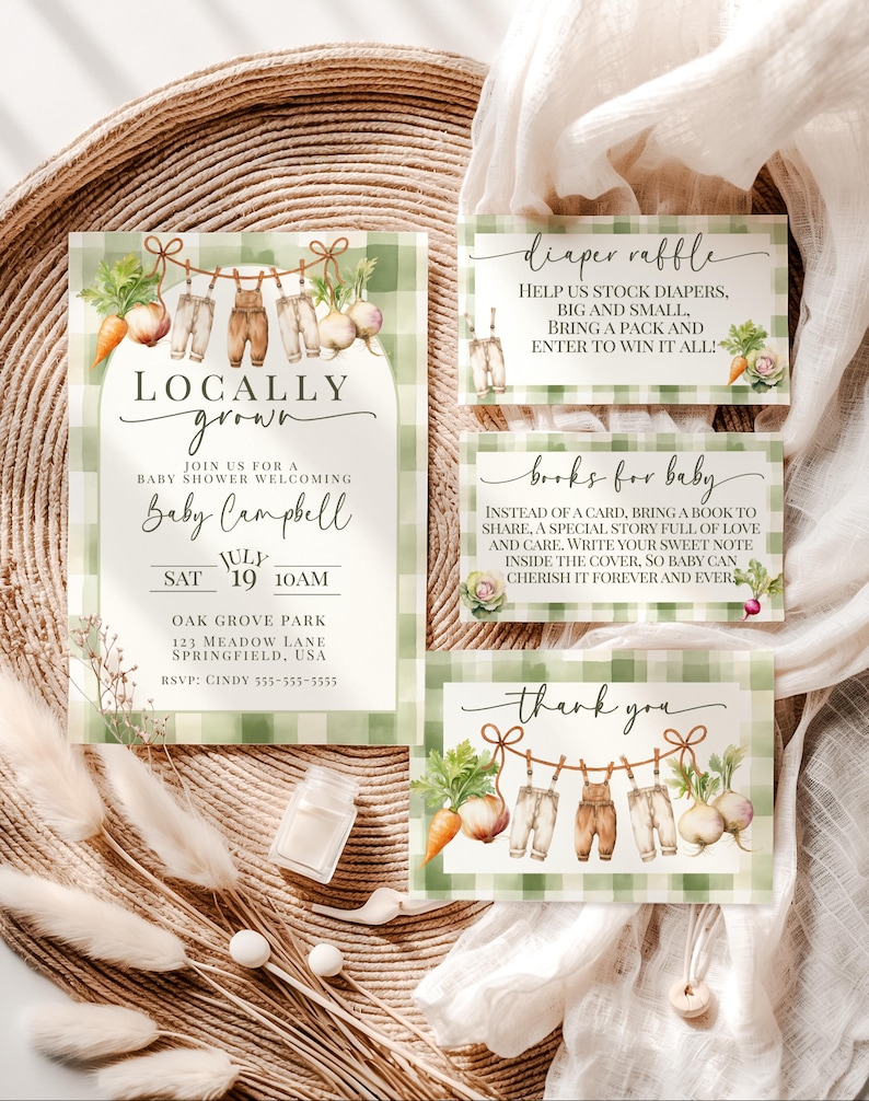 Locally Grown Baby Shower Invitation Bundle, Rustic Green Gingham Baby ...