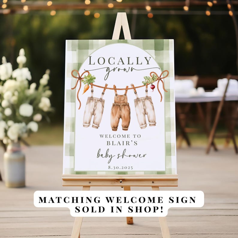 Locally Grown Baby Shower Invitation Bundle, Rustic Green Gingham Baby ...