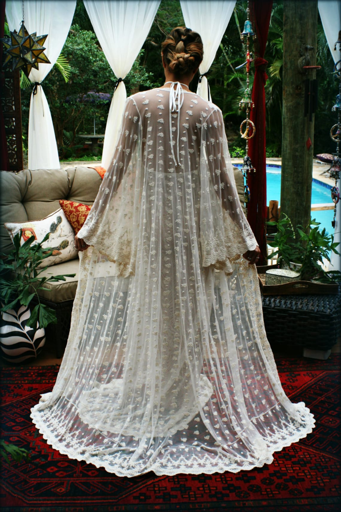 Bridal Robe Embroidered French Lace Wrap Robe Angel Sleeve Wedding ...