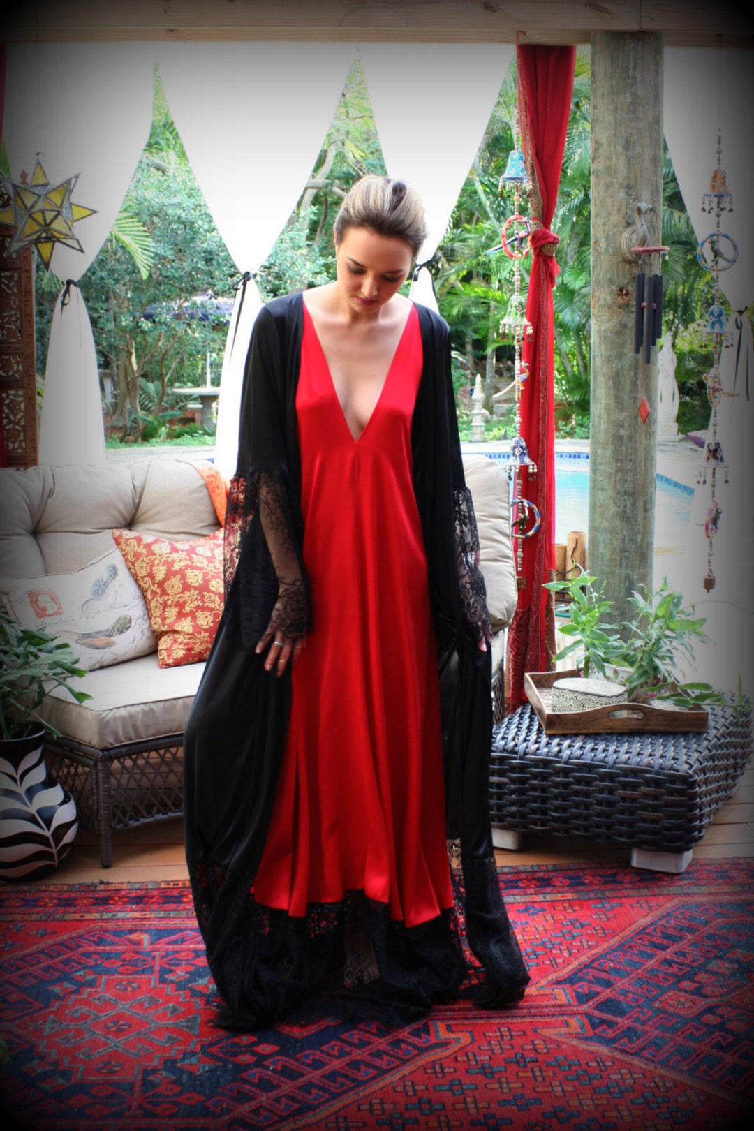 Black Satin Robe Satin Sleepwear Satin Lingerie Kimono Robe Lace Trim ...