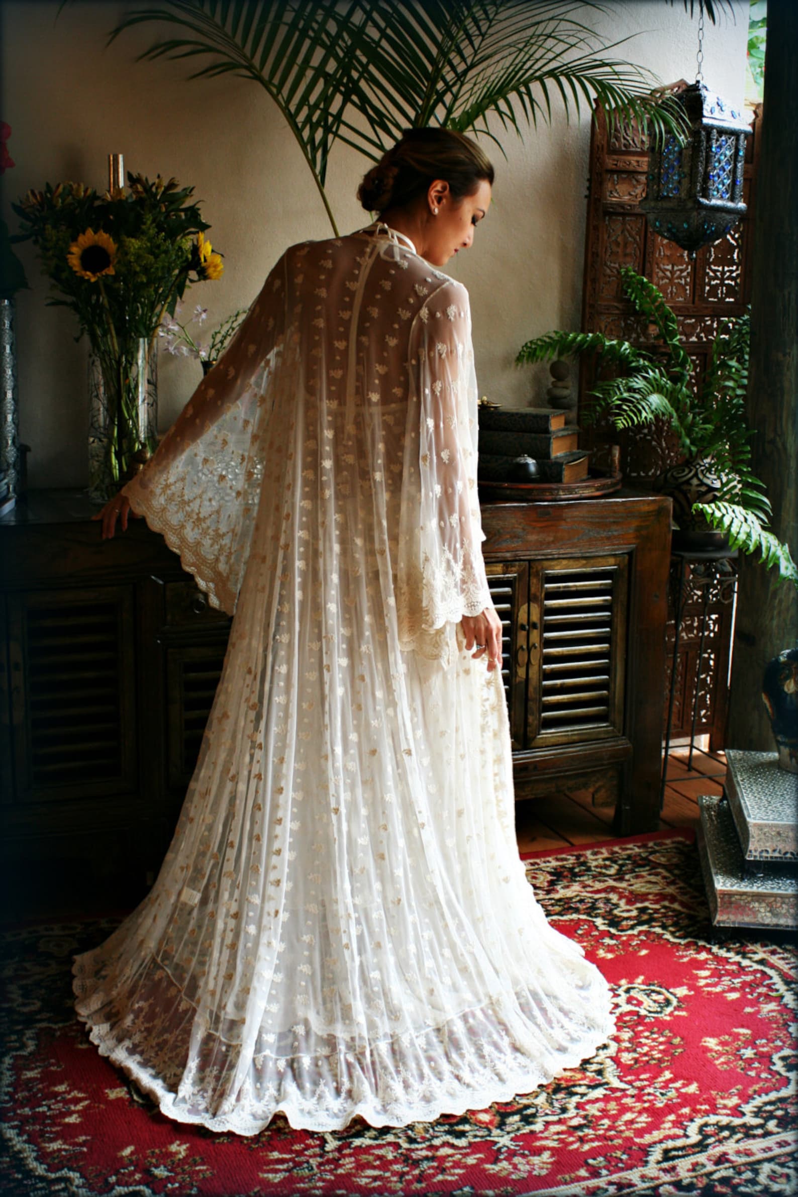 Bridal Robe Embroidered French Lace Wrap Robe Angel Sleeve Wedding ...