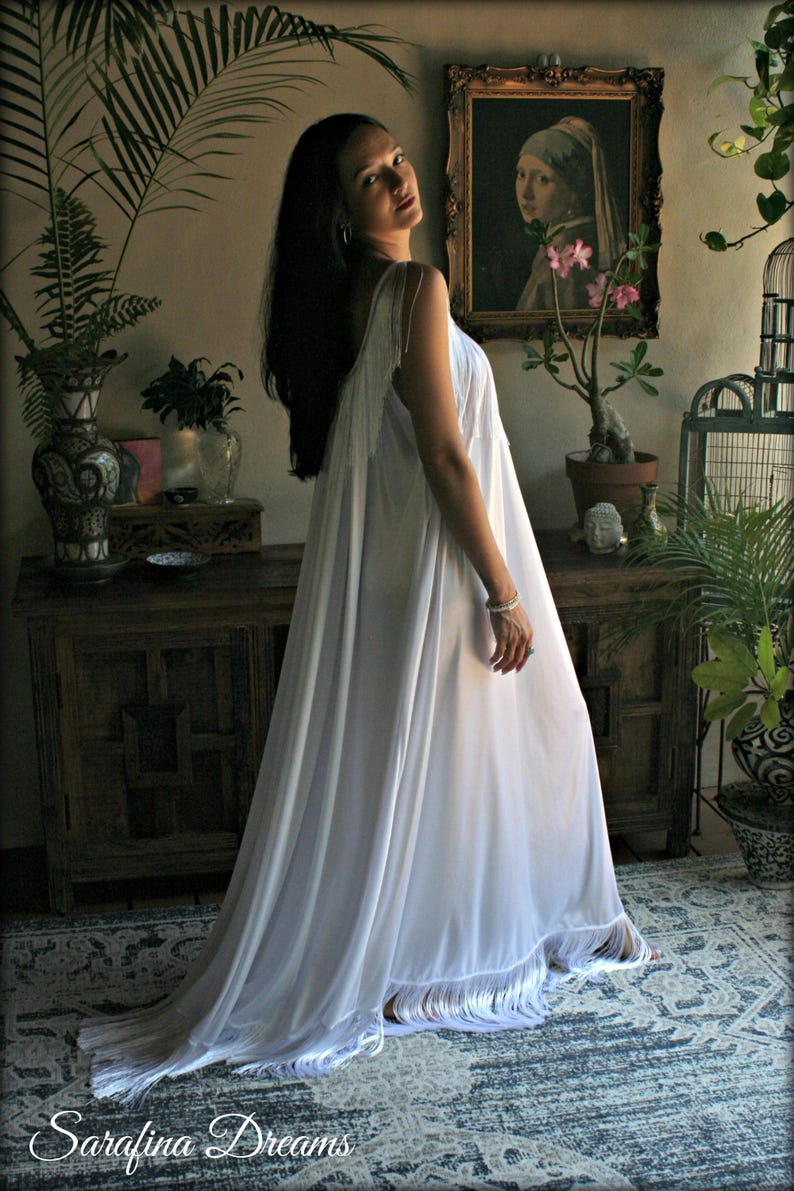 White Satin Nightgown With Piano Fringe Trim Art Deco Bohemian Bridal ...