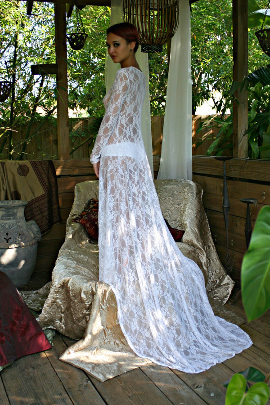 White Lace Bridal Nightgown With Train Wedding Lingerie Bridal ...