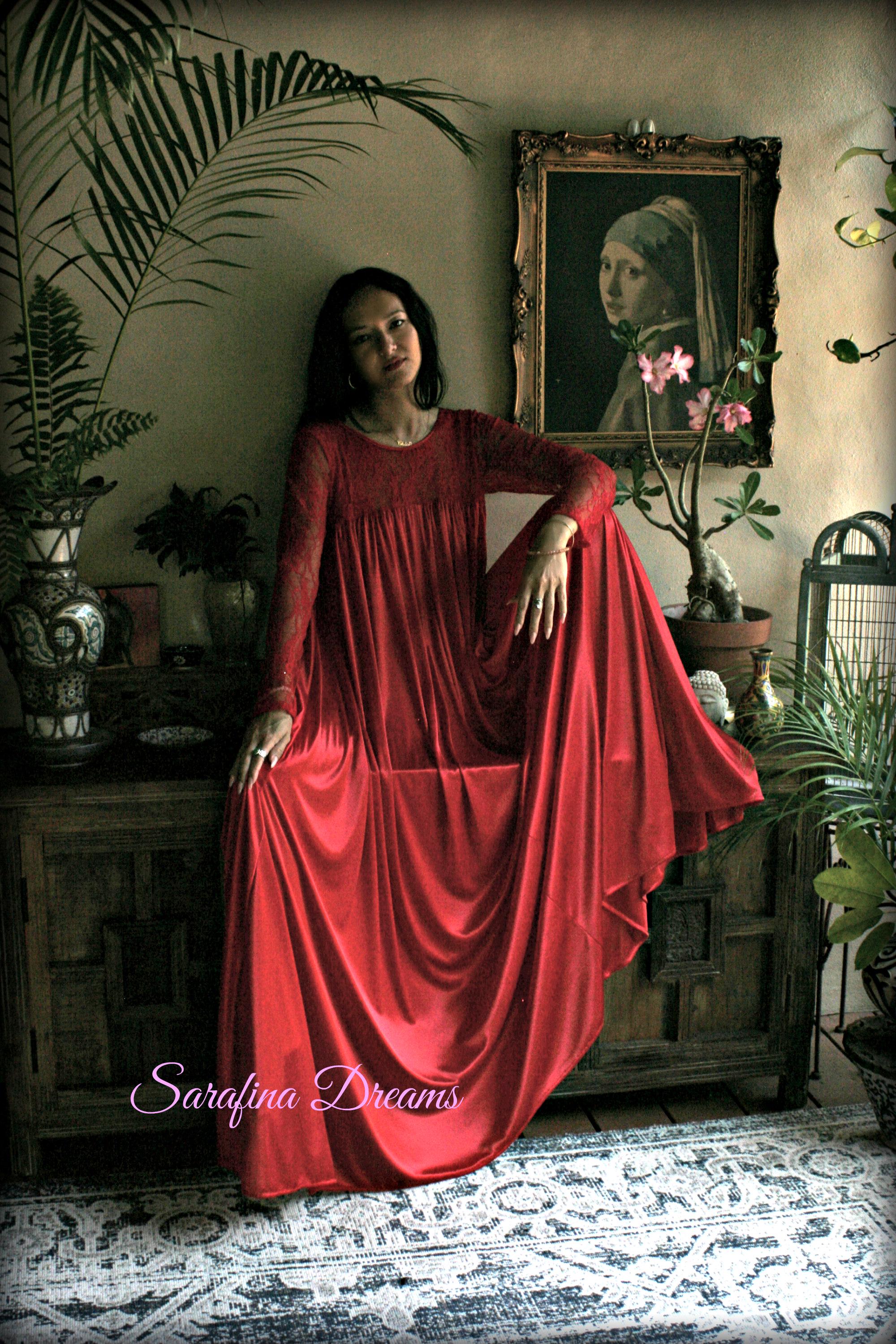 Red Satin Nightgown Holiday Sleepwear Long Lace Sleeve Lingerie - Etsy