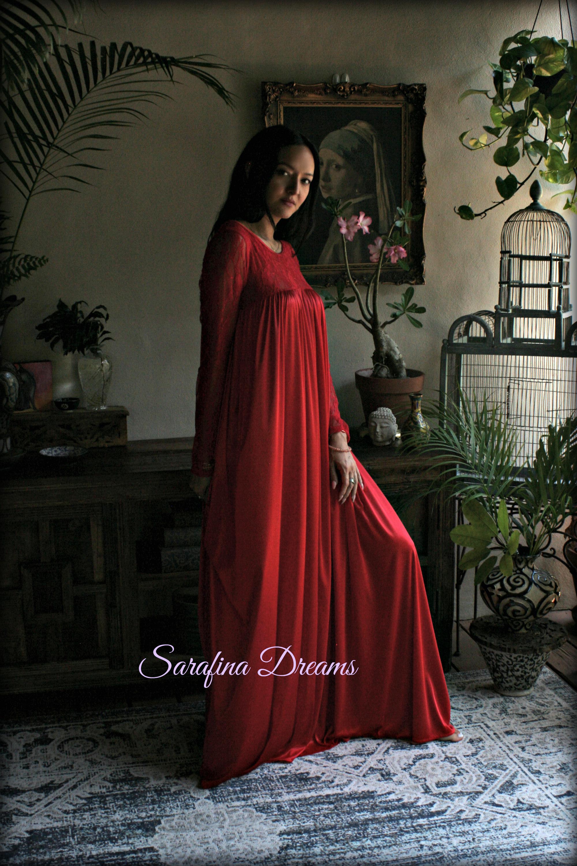 Red Satin Nightgown Holiday Sleepwear Long Lace Sleeve Lingerie - Etsy
