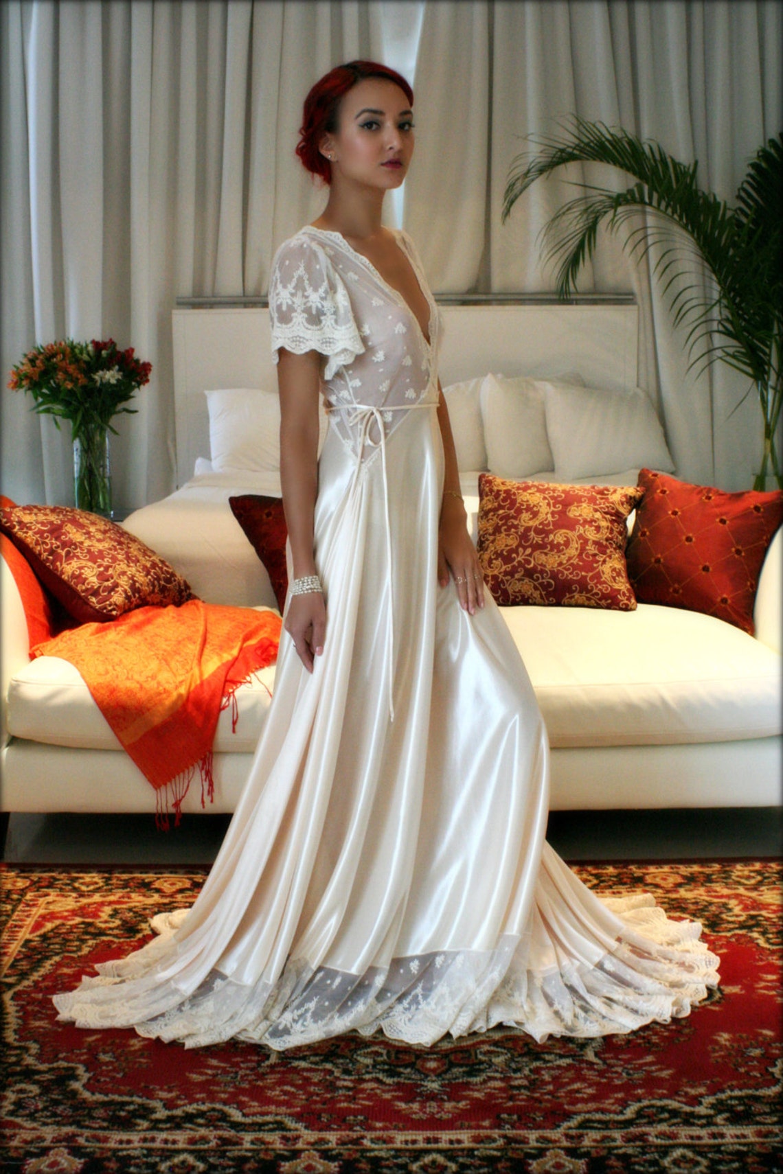 Bridal Nightgown Amelia Satin Embroidered Lace Wedding - Etsy UK