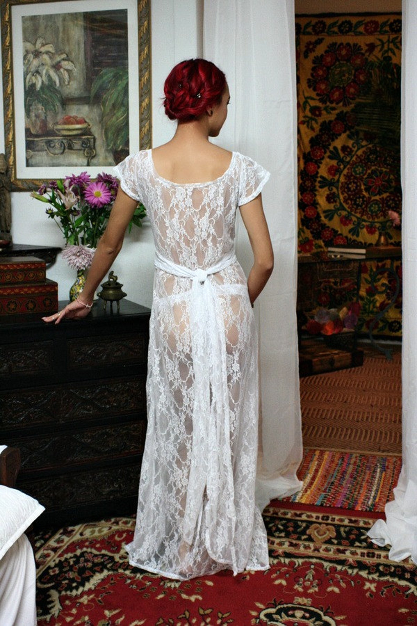 White Lace Bridal Nightgown Full Sweep Capelet Sleeve Wedding Etsy