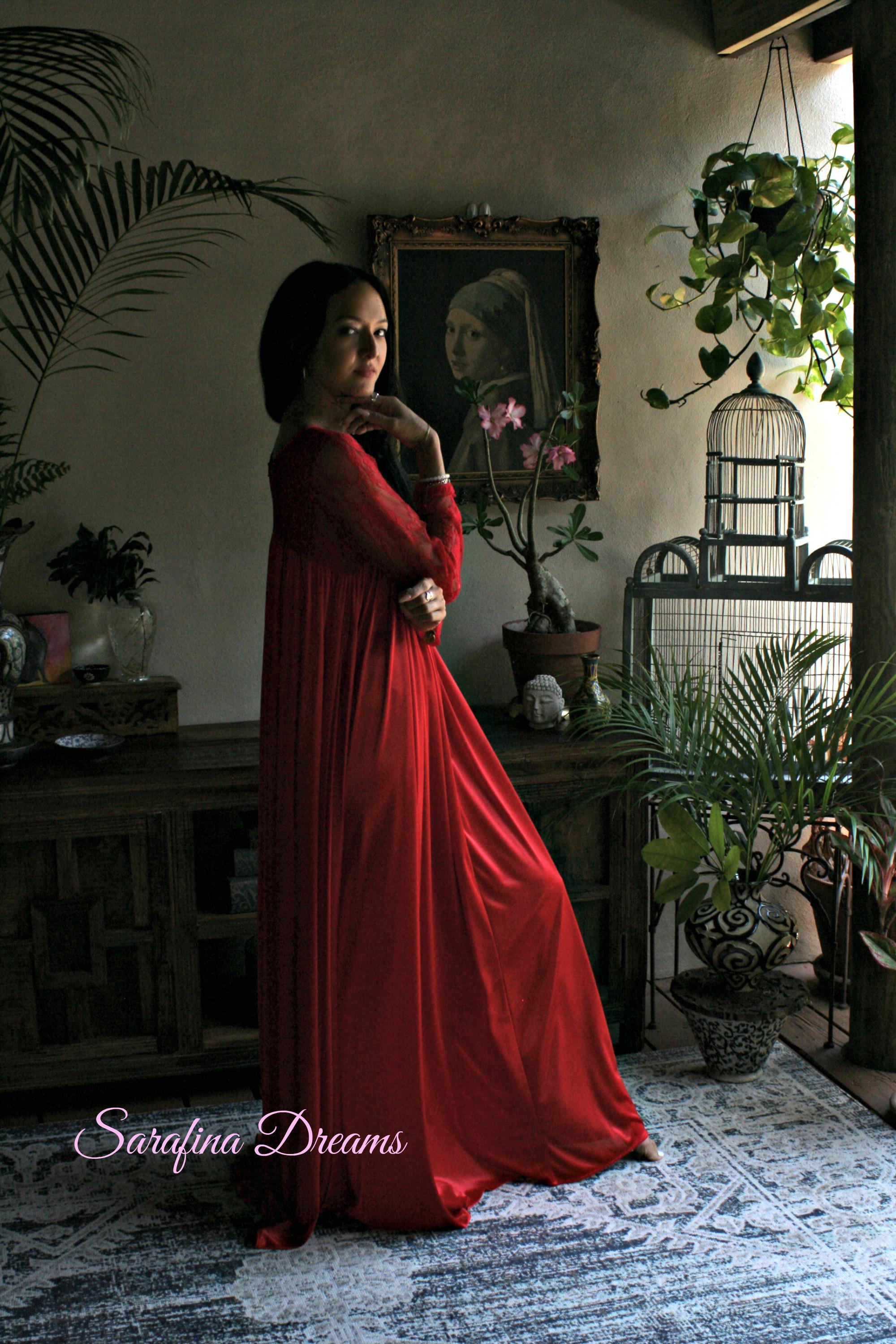 Red Satin Nightgown Holiday Sleepwear Long Lace Sleeve Lingerie - Etsy