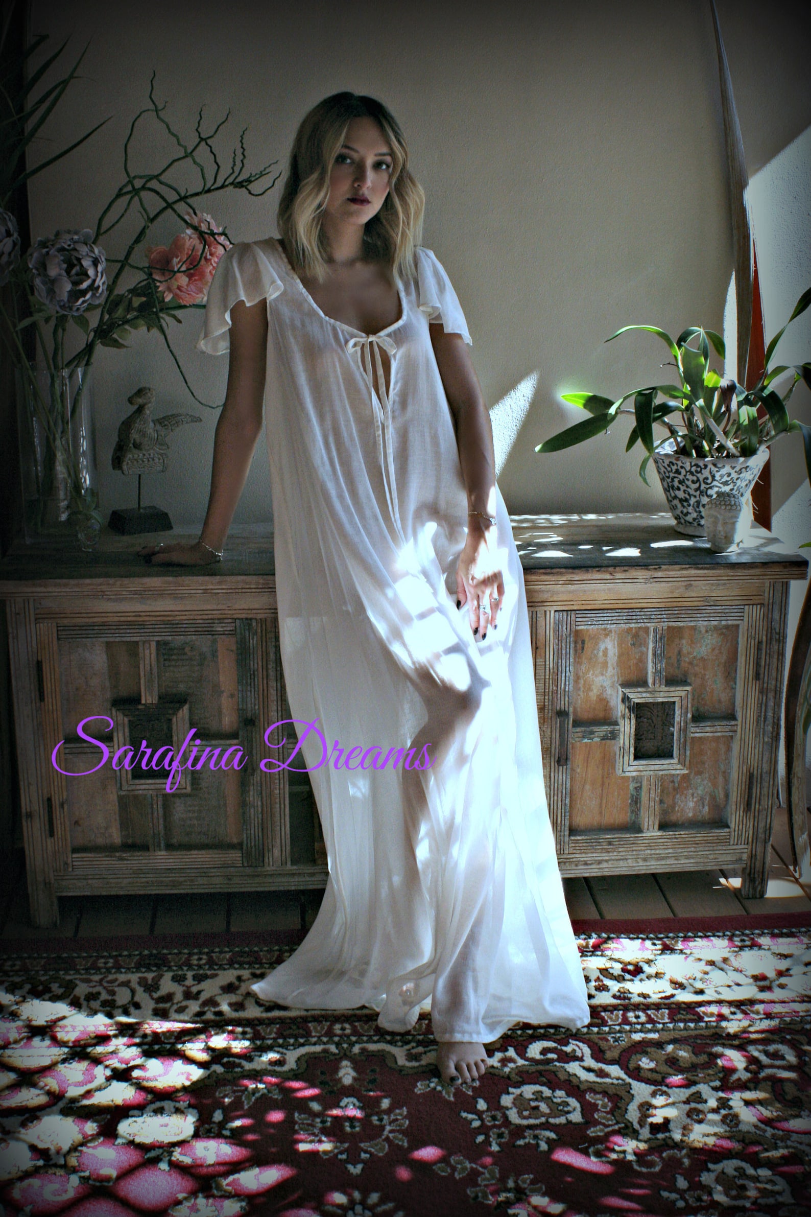 100% Cotton Nightgown Flutter Sleeve Tie Open Bodice Lingerie Sleepwear ...