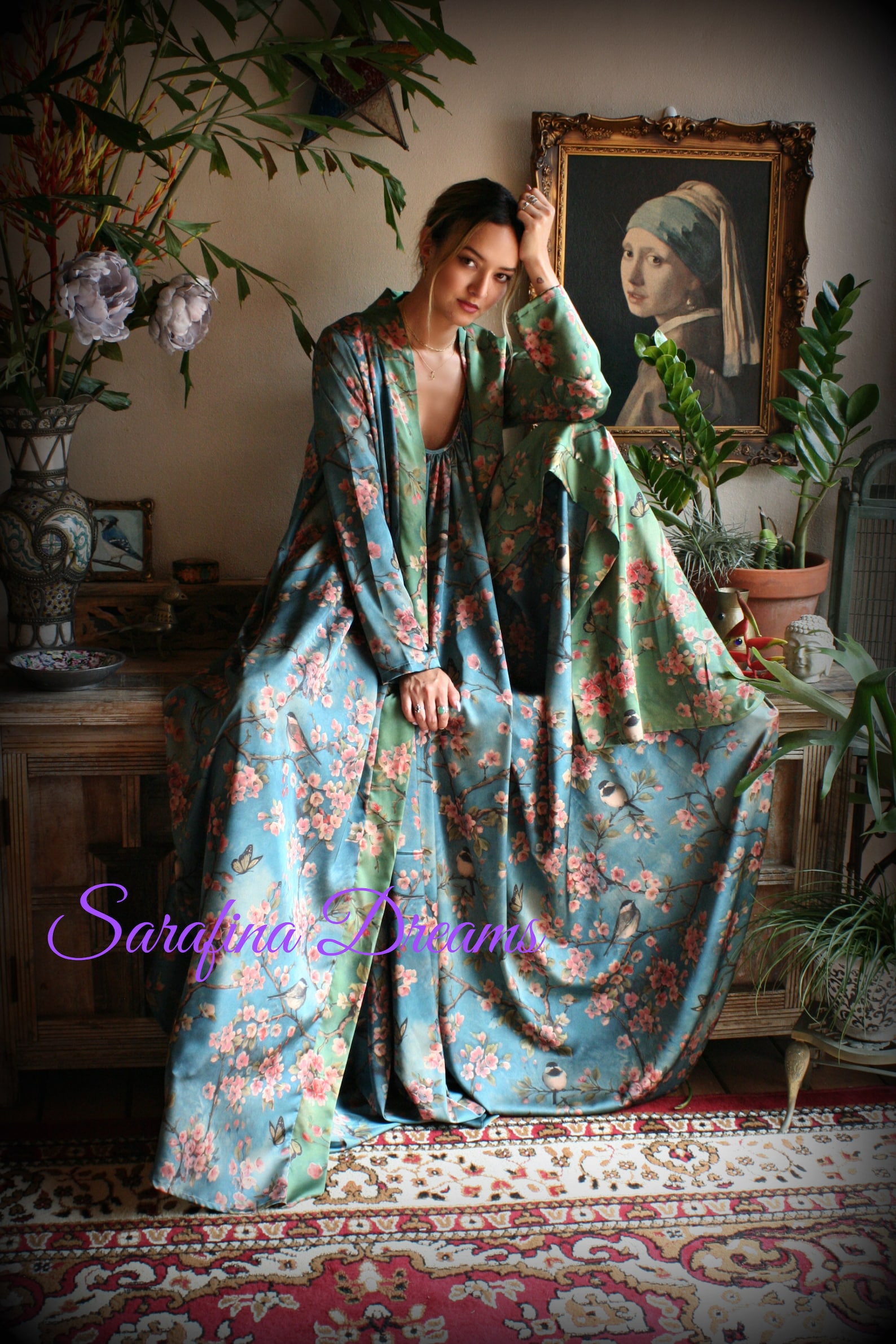 Satin Wrap Robe and Nightgown Set Bird Print Kimono Satin - Etsy