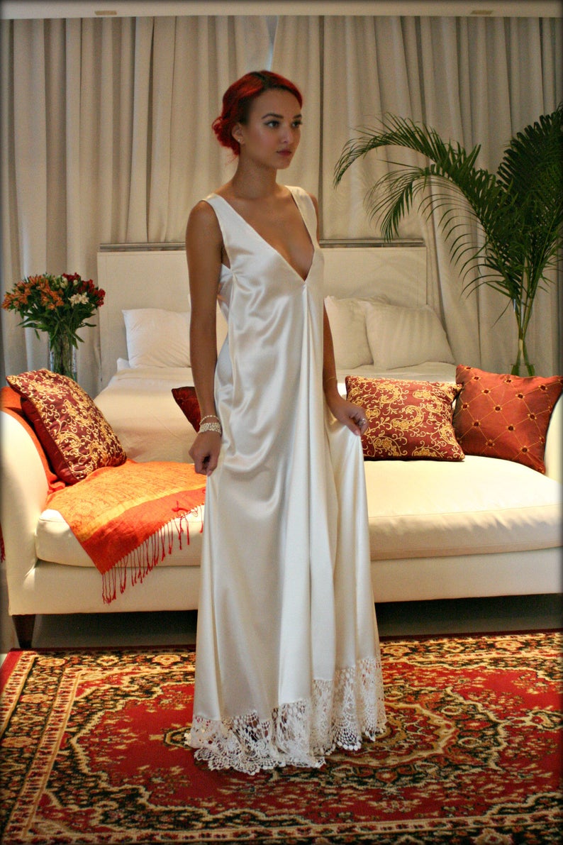 Bridal Nightgown Satin Off White Wedding Lingerie Venise Lace Etsy