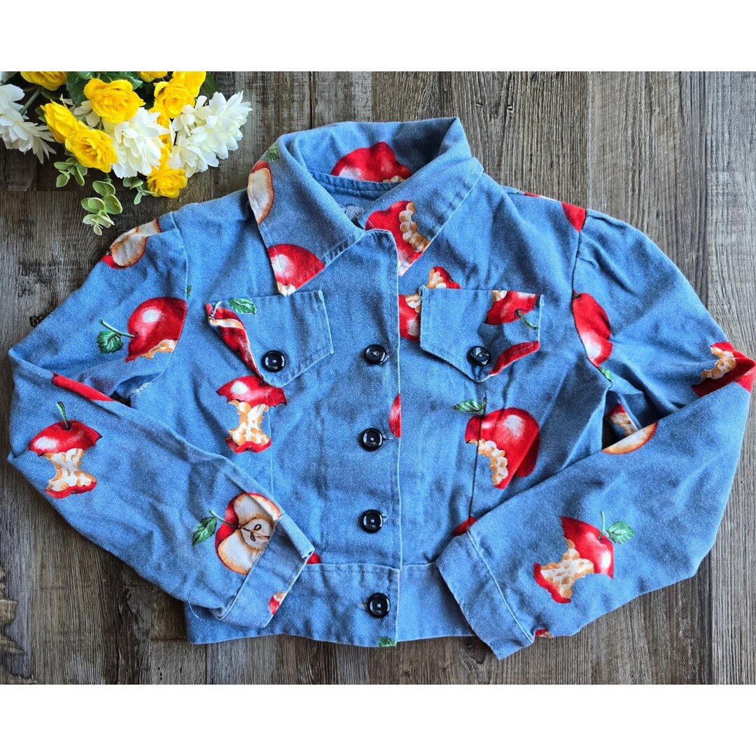 Vintage 70s Kids Denim Jacket Blue Apple Print Cropped Button up Long ...