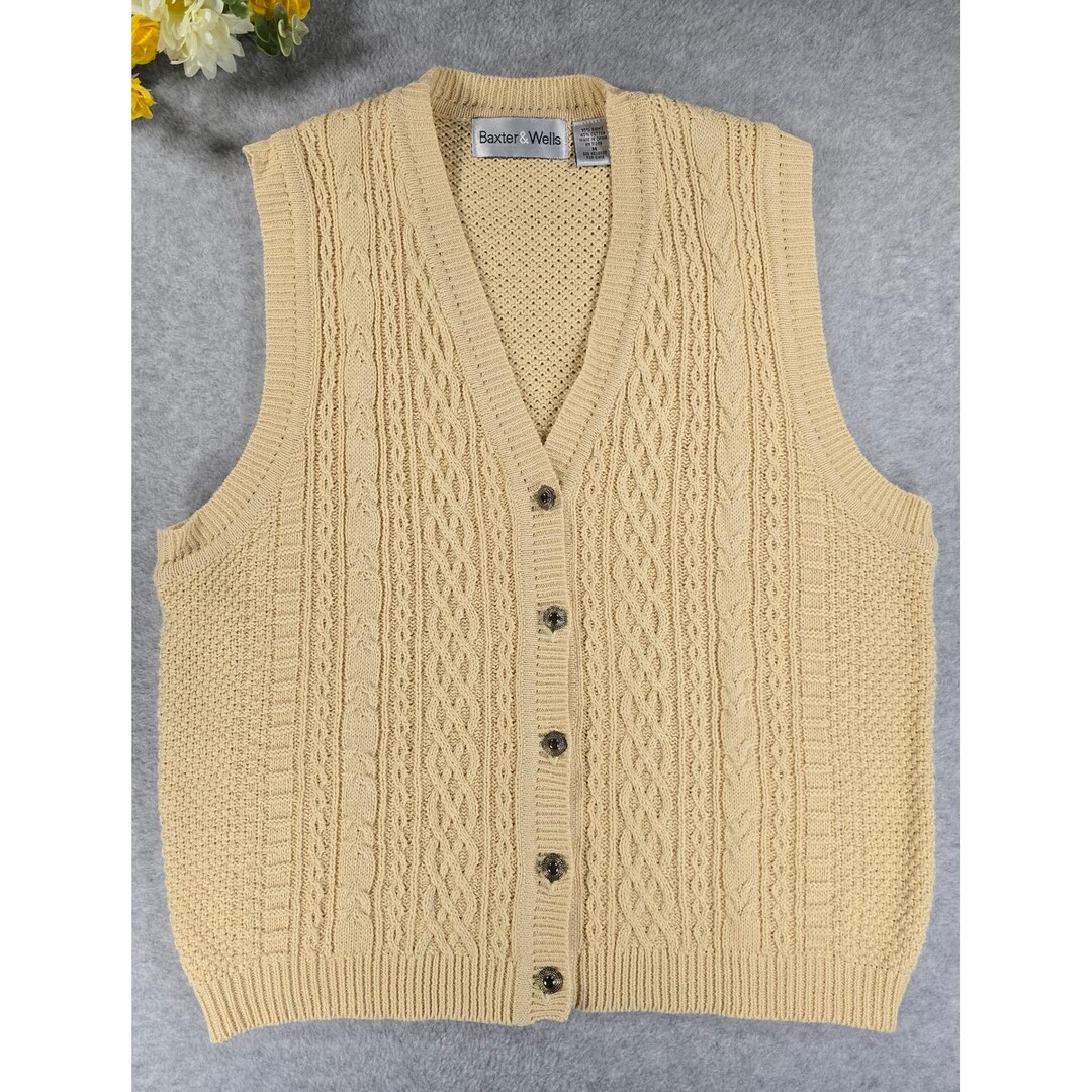 Vintage Baxter & Wells Cable Knit Buttoned V Neck Sweater Vest Top ...