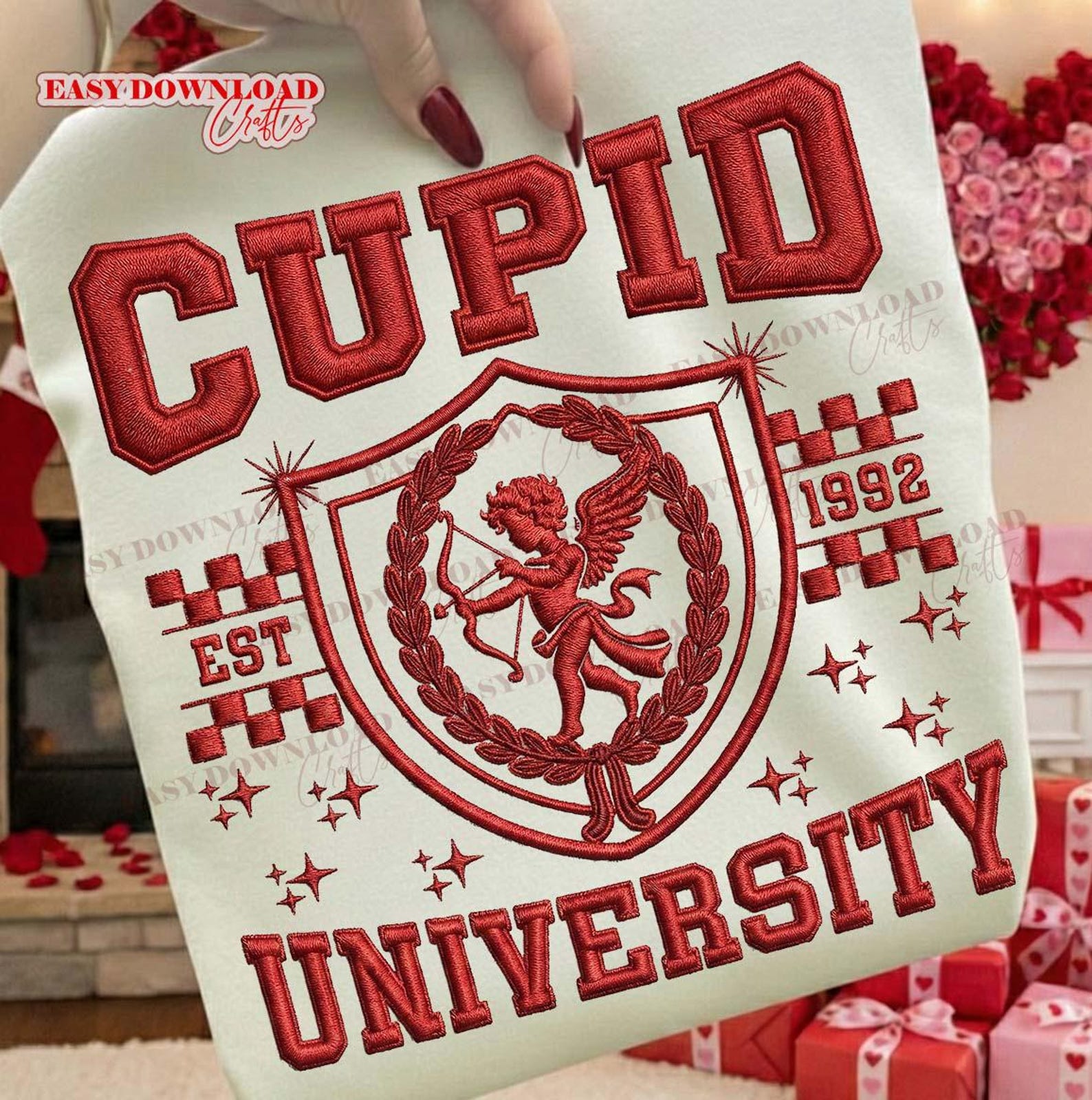 Cupid University PNG, Valentine Embroidery Design, Vintage College ...
