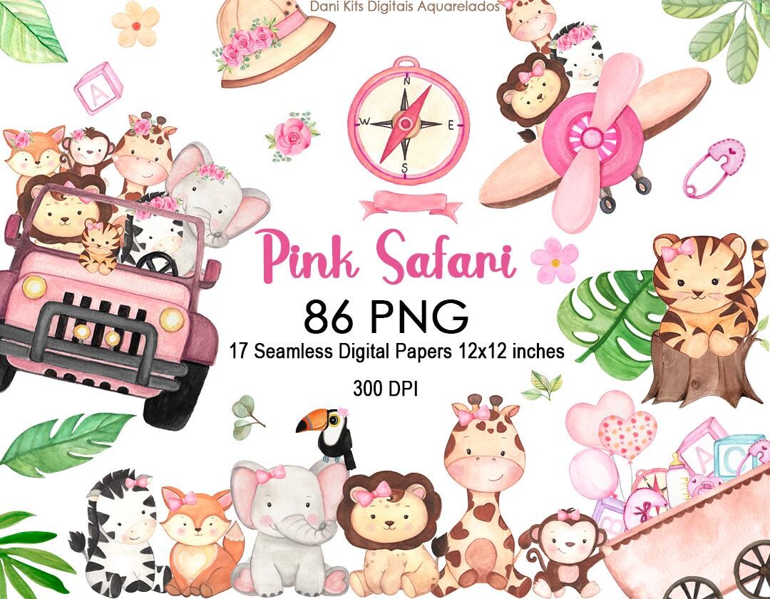 Pink Safari Watercolor Clipart Pack 86 PNG 300 DPI-17 Digital Papers ...