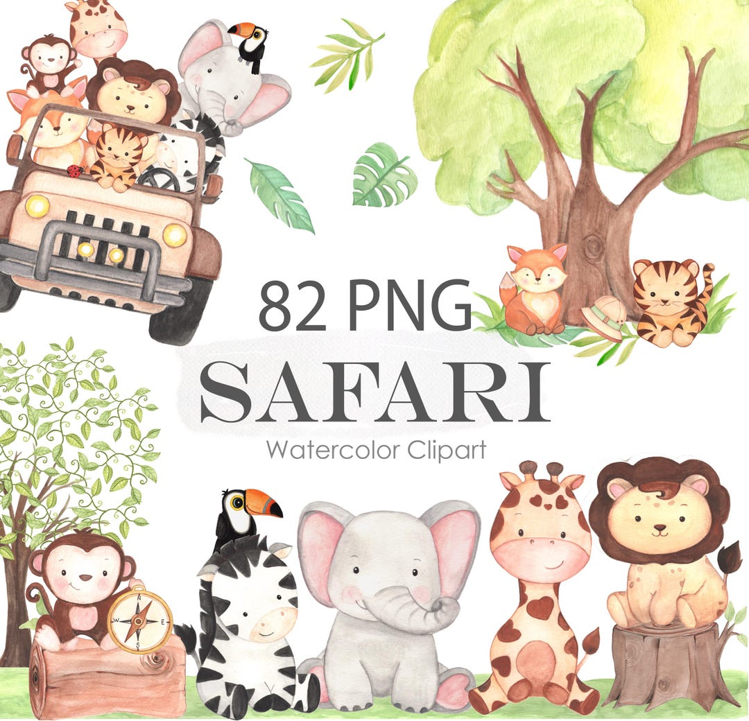 Safari Watercolor PNG Clipart Pack Baby Shower Cute Jungle Animals With ...