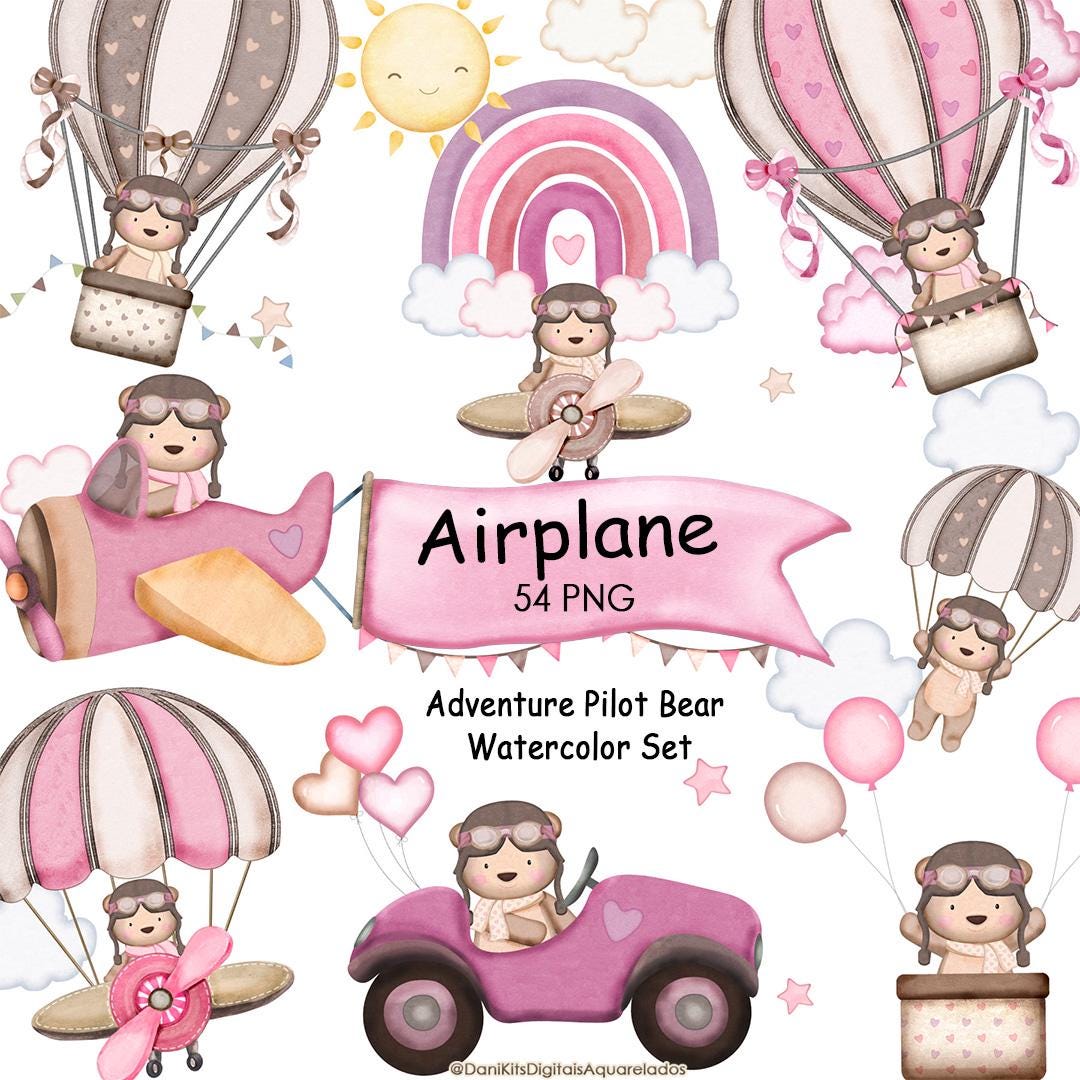 Watercolor Airplane Clipart, Cute Airplane PNG, Pink Aviator, Children ...