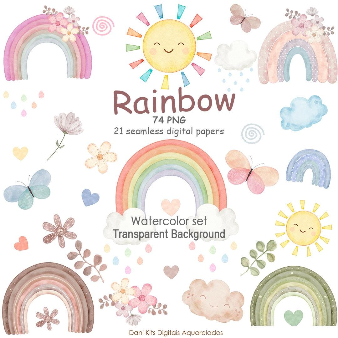 Watercolor Rainbow Clipart, Cute Rainbow PNG, Floral Rainbow, Children ...