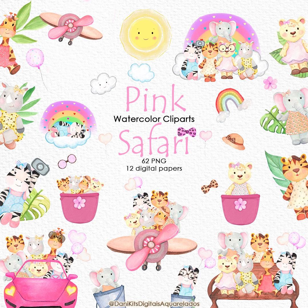 Watercolor Pink Safari Clipart Pack PNG Nursery Decor Commercial Use ...