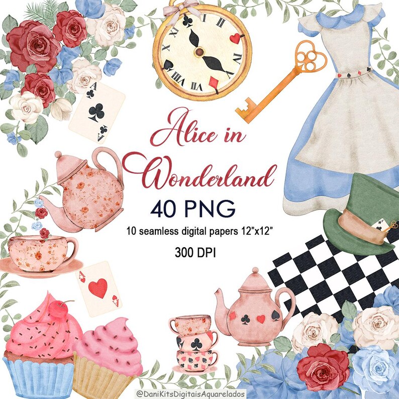 Alice in Wonderland Watercolor PNG Clipart Pack, 40 PNG-10 Digital ...