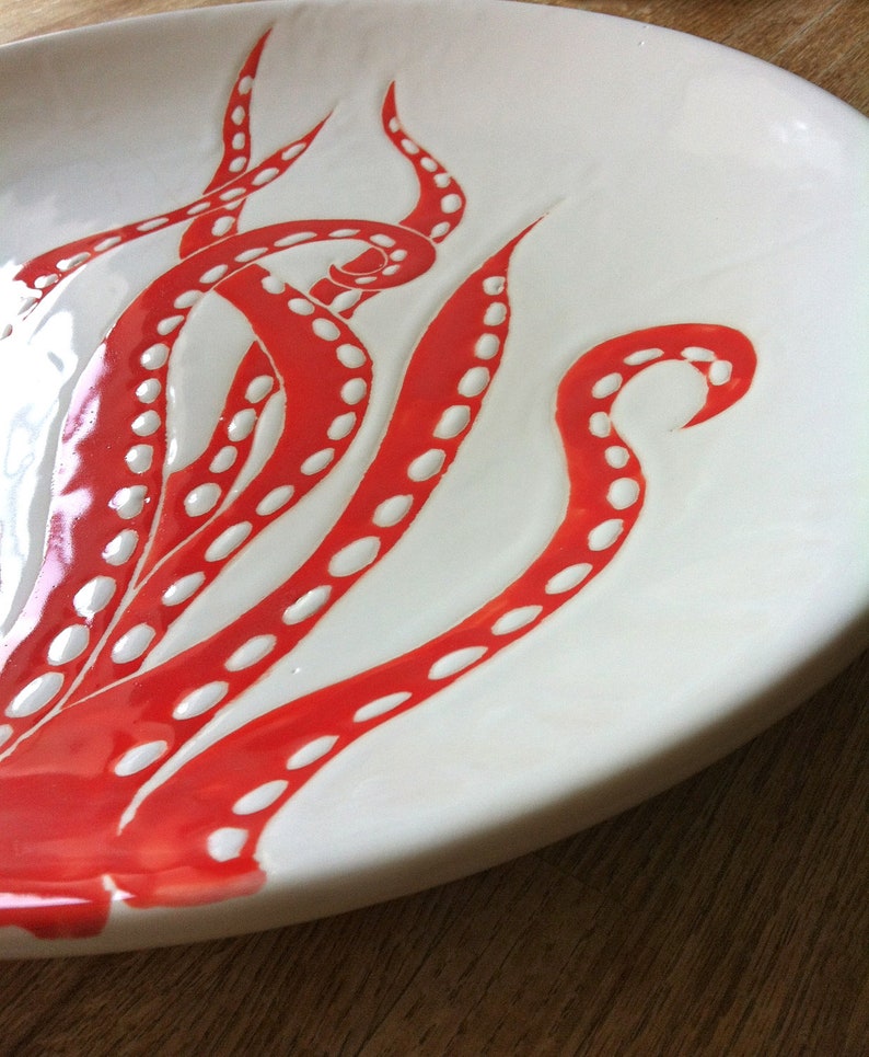 Coral and White Octopus, Round Ceramic Platter, Plate, Serving Dish by ...