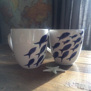 School of Fish, Nautical, Blue and White Fish Ceramic Coffee Mugs - Etsy