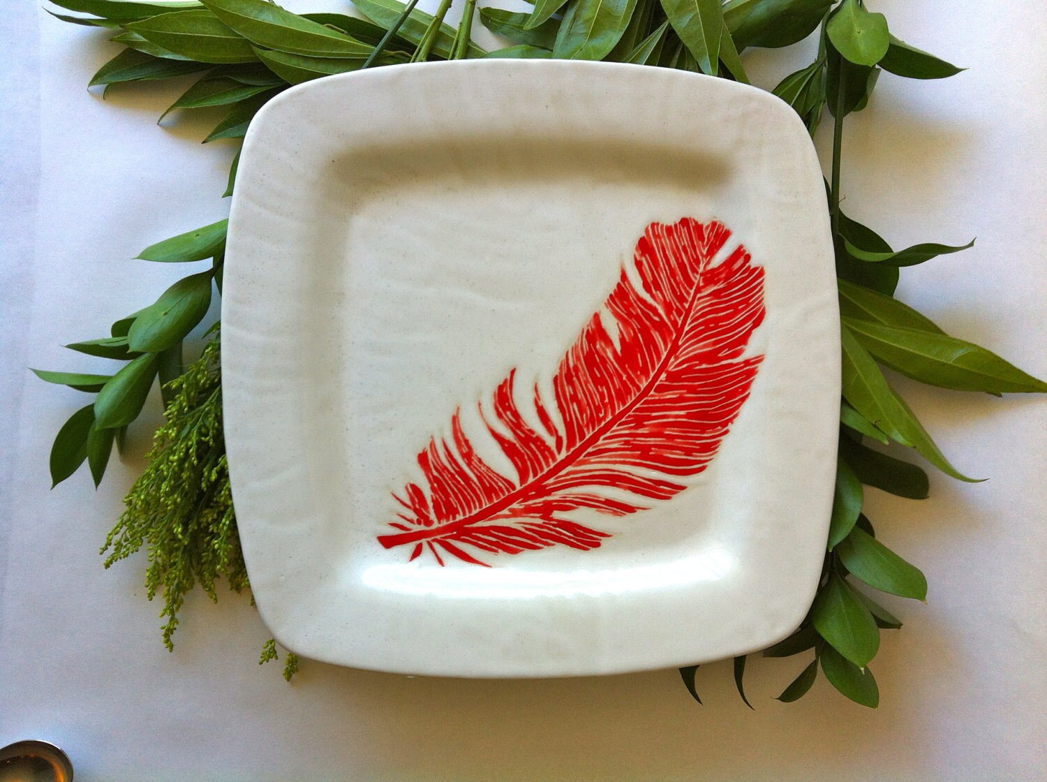 Red Feather Serving Dish Serving Plate Platter Tray 12x12 - Etsy