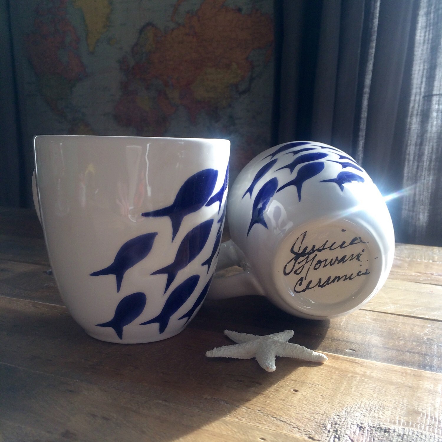 School of Fish, Nautical, Blue and White Fish Ceramic Coffee Mugs - Etsy