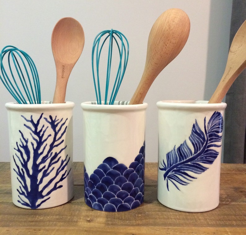 Utensil Holder Blue Feather Ceramic Utensil Holder - Etsy