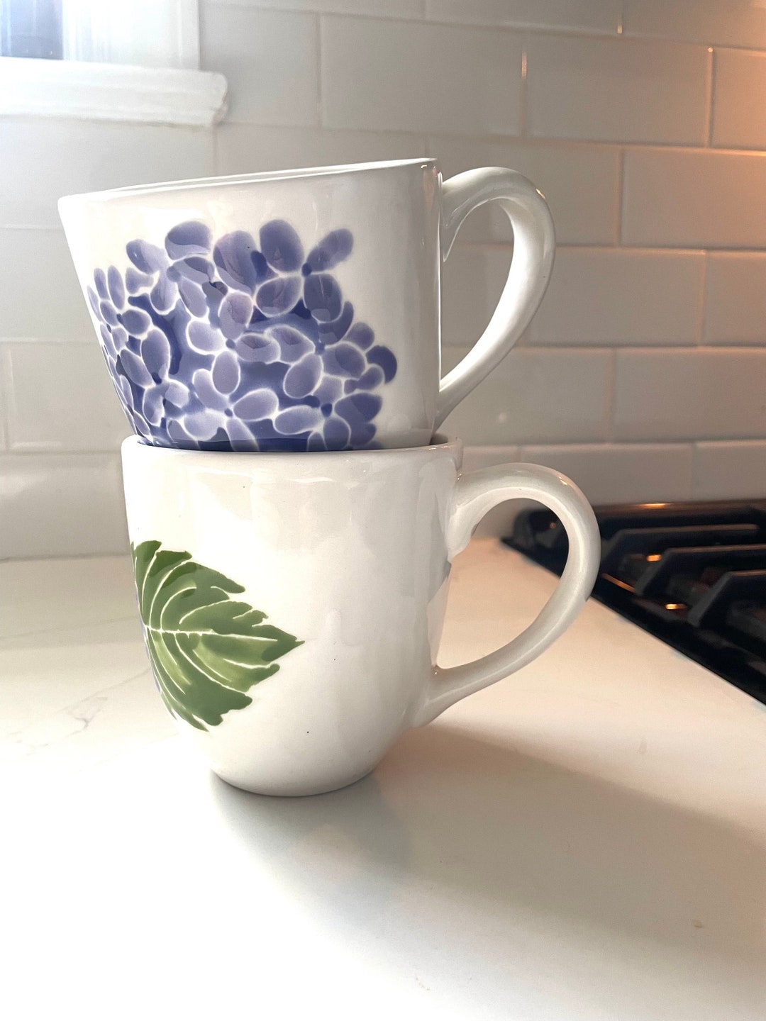 Hydrangea Pottery, Handpainted Mugs, Blue, White and Green - Etsy