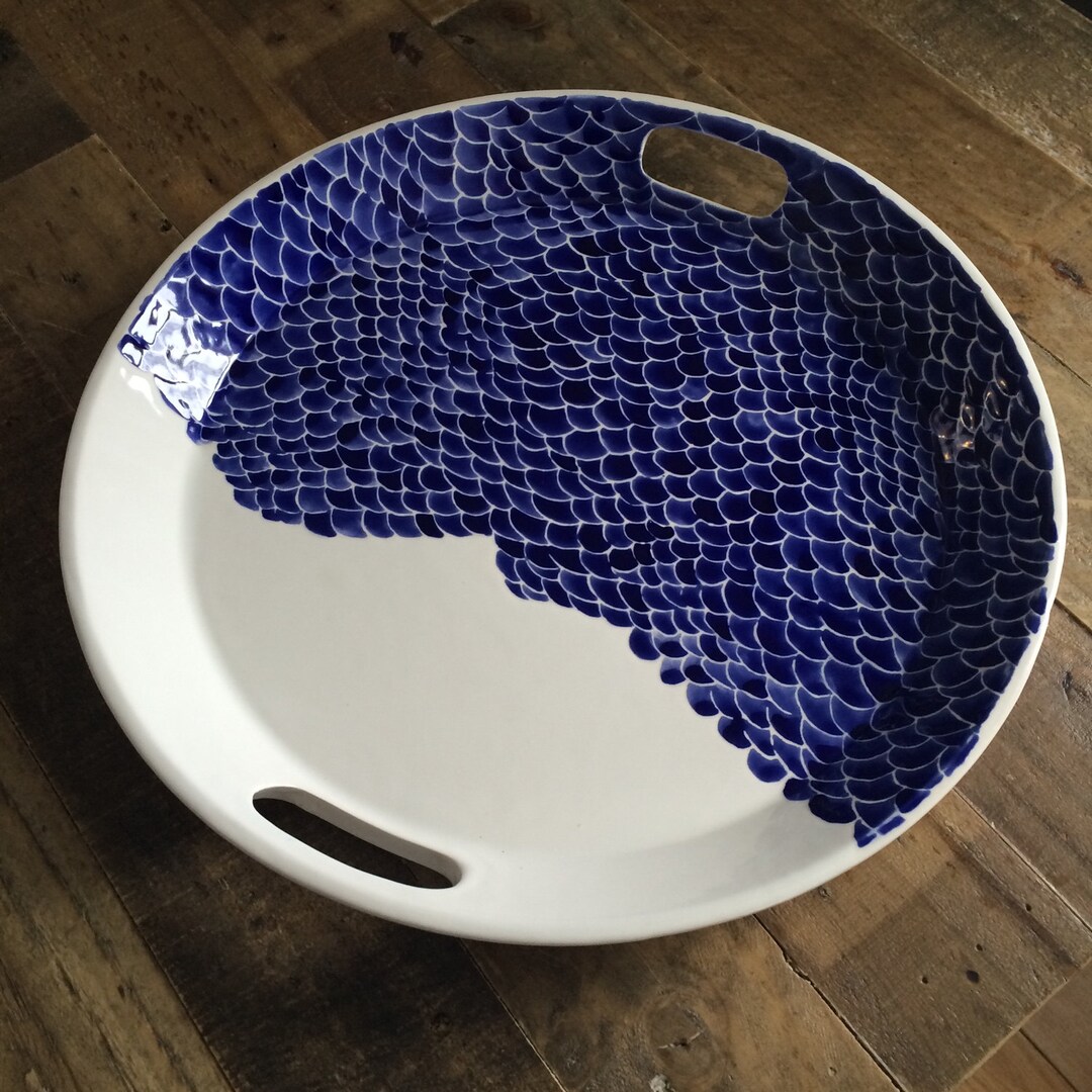 Blue Fish Scale, Round Ceramic Serving Tray With Handles, Blue and ...