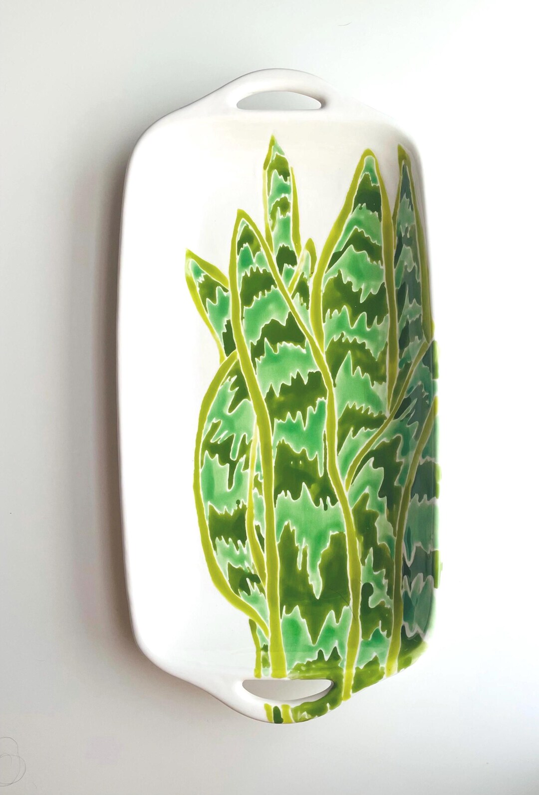 Ceramic Handled Platter Snake Plant Handpainted Green and White Tray ...