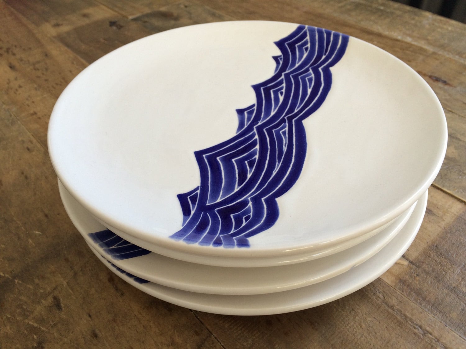 Dinnerware Set of 4 Ceramic Dinner Plates in Blue Ocean Wave. - Etsy